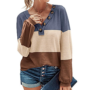 BTFBM Women Long Sleeve Shirts 2024 Fall Fashion V Neck Loose Casual Blouse Deco Button Lightweight Waffle Knit Pullover(Stripe Blue, Medium)