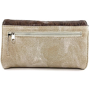 Justin West Laser Cut Rhinestone Cross Studded Cross Shape Design Wristlet Trifold Wallet Attachable Long Strap (Beige)