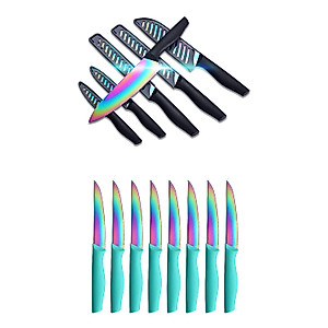 KYA36 Rainbow Titanium 12-Piece Stainless Steel Kitchen Knives Set with Sheath + Marco Almond KYA47 Rainbow Titanium Serrated Stainless Steel Steak Knives Set of 8