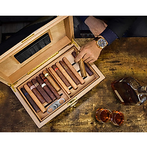 69Bourbons Exotic Cigar Humidor - Large Ebony Wood Storage Box with Spanish Cedar Wood Interior, Accessory Drawer, Exterior Hygrometer - Airtight Humidity, Removable Dividers - Cabinet for 150 Cigars