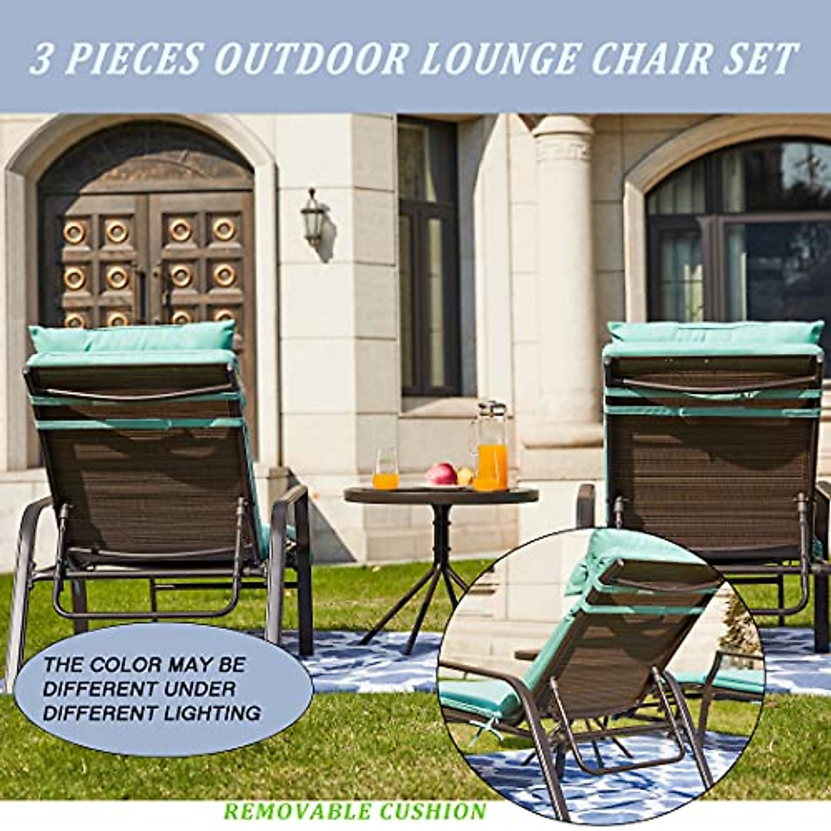 LOKATSE HOME Outdoor Lounge Chair Set 3 Pieces Patio Cushioned Adjustable Back Chaises with Bistro Table Steel Frame for Backyard Porch Garden Poolside, Light Blue