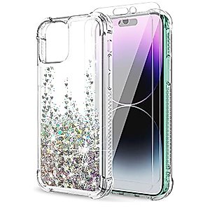SunStory for iPhone 14 Pro Max Case Clear Glitter with Tempered Glass Screen Protector [2 Packs] Moving Shiny Quicksand Glitter and PC+TPU Phone Case for iPhone 14 Pro Max (6.7inch) (Silver)