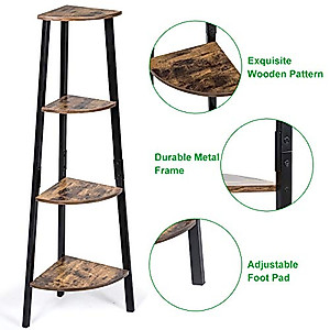 Tangkula Industrial Corner Shelf, 4-Tier Ladder Bookshelf, Metal Frame Storage Rack, Bookcase, Plant Stand, Multipurpose Accent Furniture for Home Office, Display Corner Shelf (Rustic Brown)