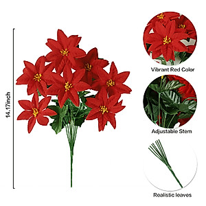 Sggvecsy Artificial Poinsettia Bouquet 7 Heads 5 Pack 15’’ Velvet Poinsettia Bush Christmas Flowers for Porch Home Garden Indoor Outdoor Xmas Decorations (Red)