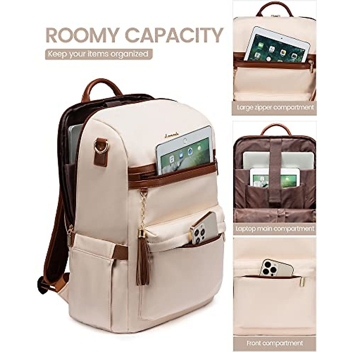 LOVEVOOK Laptop Backpack Women,15.6 Inch Convertible Backpack Purse for Women with USB Port,Fashion Teacher Nurse Bag Work Backpack with Cute Wristlet Bag for Travel College Commute,Beige Brown