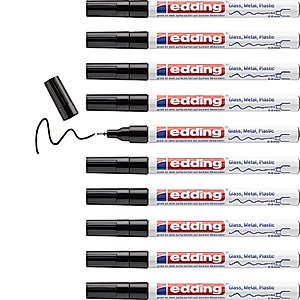 Edding 780 gloss paint marker - black - 10 paint markers - extra-fine round tip 0.8 mm - paint pen for glass, pebbles, wood, plastic, paper - waterproof, high coverage