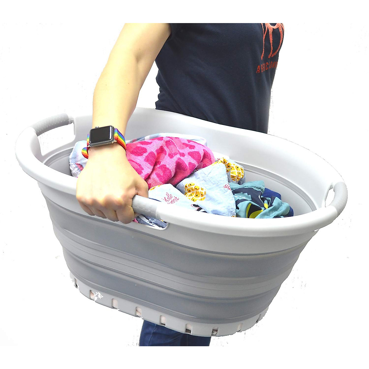 SAMMART 36L (9.5 gallon) Collapsible 3 Handled Plastic Laundry Basket-Foldable Pop Up Storage Container/Organizer-Space Saving Basket (3 handled Oval, Grey/Grey)