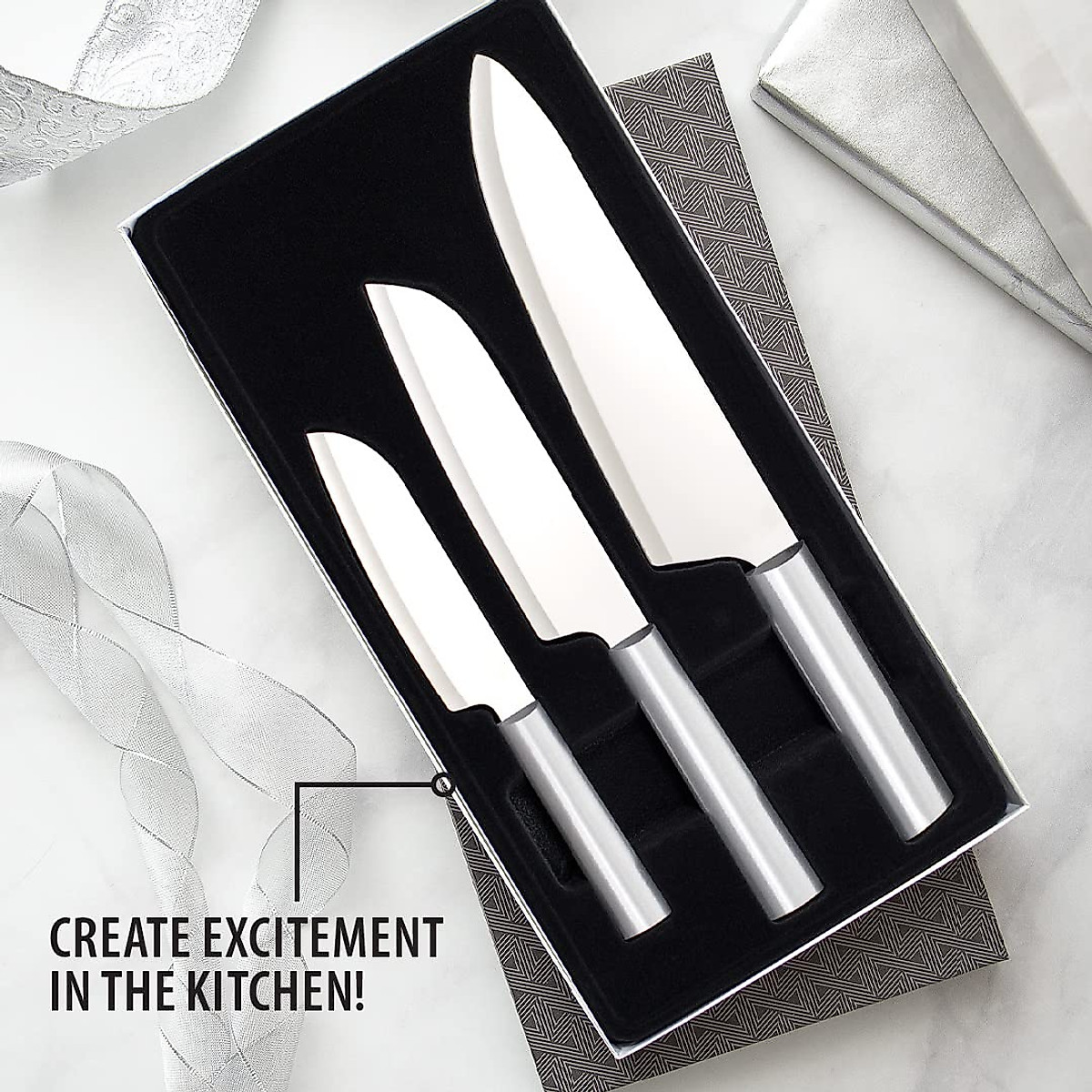RADA Chef Select 3-Piece Large Knife Set – Stainless Steel Culinary Knives With Aluminum Handles and Knife Sharpener