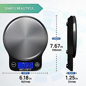 INEVIFIT Digital Kitchen Scale, Highly Accurate Multifunction Food Scale 13 lbs 6kgs Max, Clean Modern Black with Premium Stainless Steel Finish. Includes Batteries