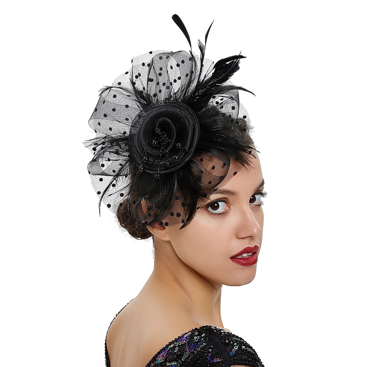 LXKBD Fascinators Hat Flower Mesh Feathers on a Headband and a Hair Clip Cocktail Tea Party Headwear for Mother Girls and Women