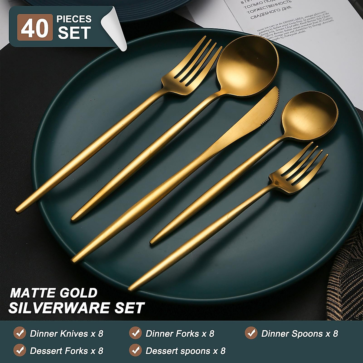 TUPMFG 40 Pieces Matte Gold Silverware Set, Stainless Steel Gold Flatware Set for 8, Satin Finish Spoons and Forks Silverware Set, Gold Cutlery Utensils Set, Dishwasher Safe