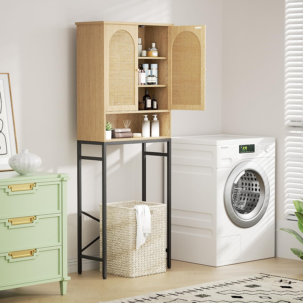 Rattan Toilet Storage Cabinet, Over the Rack Wood Cabinet with Metal Stand, Bathroom Organizer with Adjustable Shelf, Tall Freestanding Washer Shelf, Small Cupboard, Space Saver, Natural style