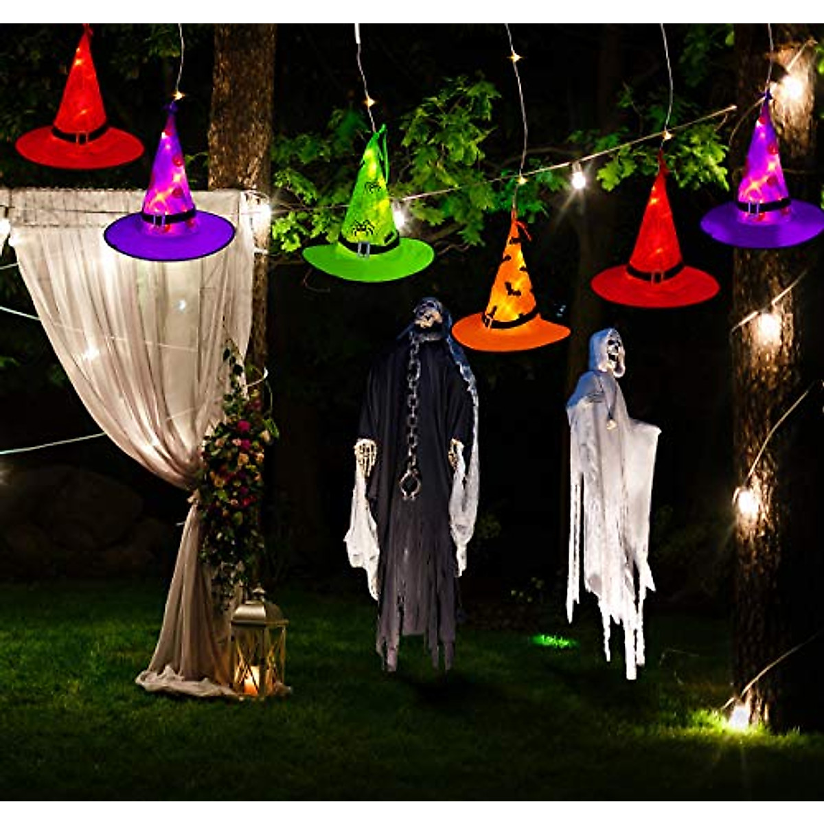 XTF2015 Halloween Decorations Outdoor, Upgraded 8pcs Hanging Lighted Glowing Witch Hat Lights, 44FT 104LED Waterproof Halloween Light for Outdoor,Garden, Trees, Party Decorations