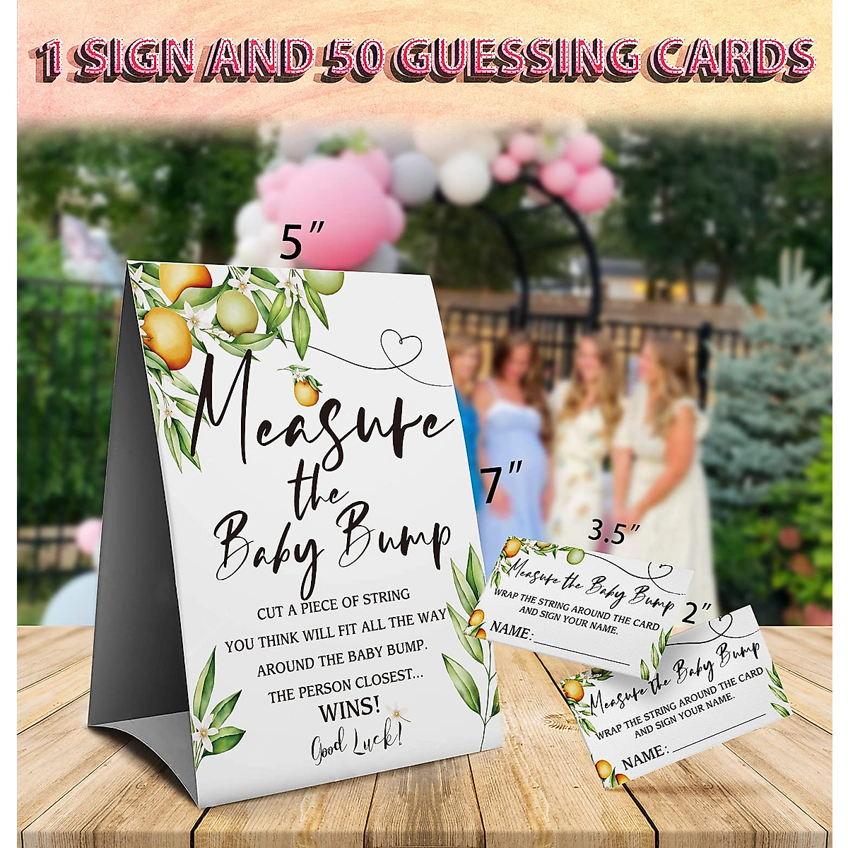 Muruseni Measure Mommy's Belly, Baby Shower Game Pack, 50 Guessing Cards, Foldable Signs, Double-Sided, 7x5 Inches, Printed on 300GSM Coated Paper, Easy to Carry and Write