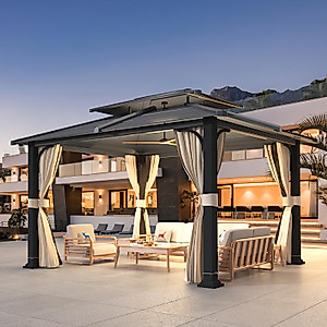 EROMMY 12'x14' Metal Steel Gazebo, Outdoor Aluminum Hardtop Canopy with Netting and Shaded Curtains, Double Roof Pergolas, Permanent Metal Pavilion for Patio, Backyard, Deck and Lawns Dark Bronze