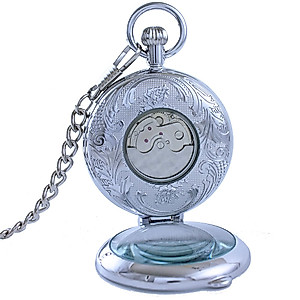 OGLE Waterproof Silver Magnifier Tourbillon Phases Moon Chain Fob Self Winding Automatic Skeleton Half Hunters Mechanical Pocket Watch (Silver Luminous)