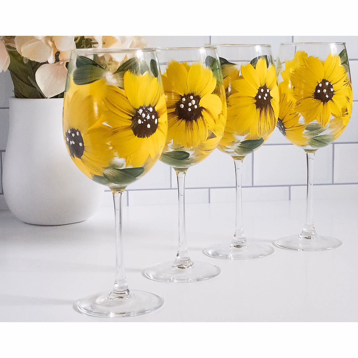 Sunflower Stemmed Wine Glasses - Gift for Women - Sunflower Kitchen Decor - Rustic Country Farmhouse - Set of 4 - Hand Painted
