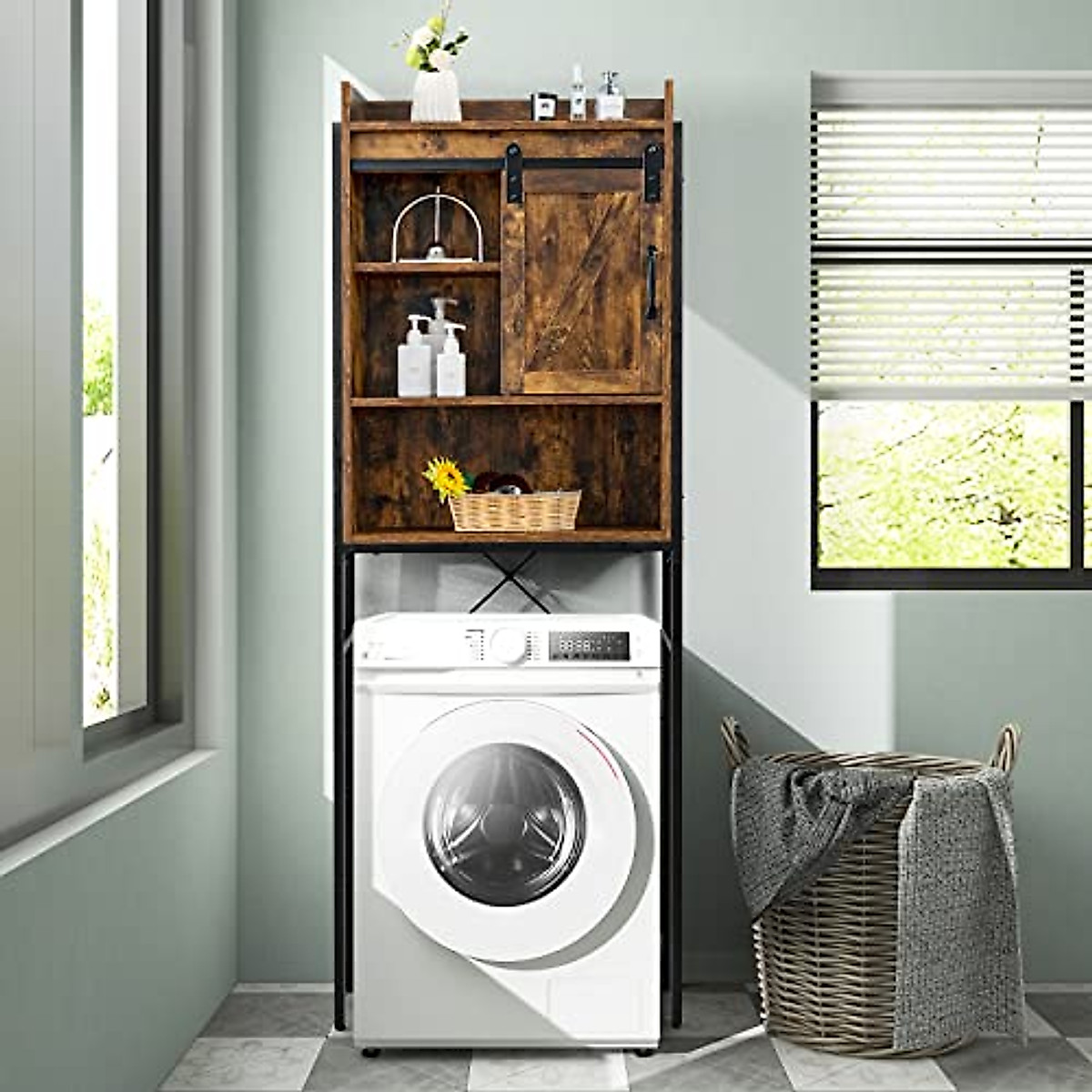 Tangkula Over-The-Toilet Storage Cabinet, Freestanding 4-Tier Bathroom Organizer Rack w/Adjustable Shelf & Sliding Barn Door, Multifunctional Bathroom Space Saver, 25 x 9.5 x 67.5 in (Rustic Brown)