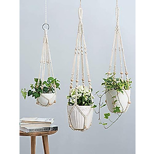 Mkono 3 Pack Macrame Plant Hangers Indoor Different Size Hanging Planter Basket Flower Pot Holder with Beads No Tassels 35"/29"/23", Medium, Ivory