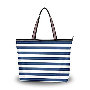 Bolaz Tote Bag with Zipper for Women Navy Blue White Striped Handbags Pockets Shoulder Bag Work Large Travel Office Business