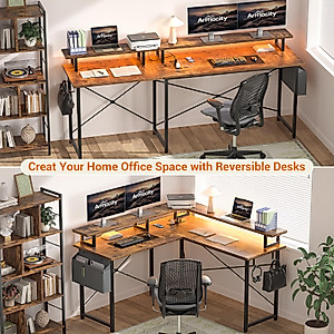 armocity L Shaped Computer Desk with Power Outlets, Gaming LED Lights, Corner Storage Shelves, Work Study for Bedroom, Home Office, Small Spaces, 47'', Rustic Brown