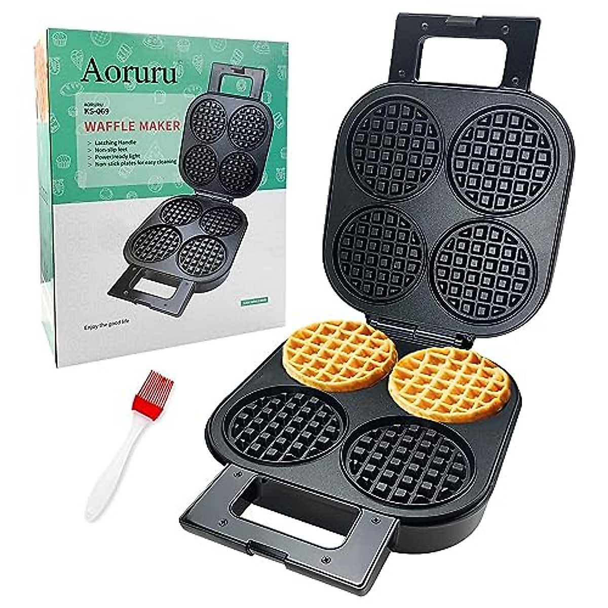 Aoruru Waffle Maker Nonstick Belgian Waffle Iron with Indicator Light 1300W 4 Slice