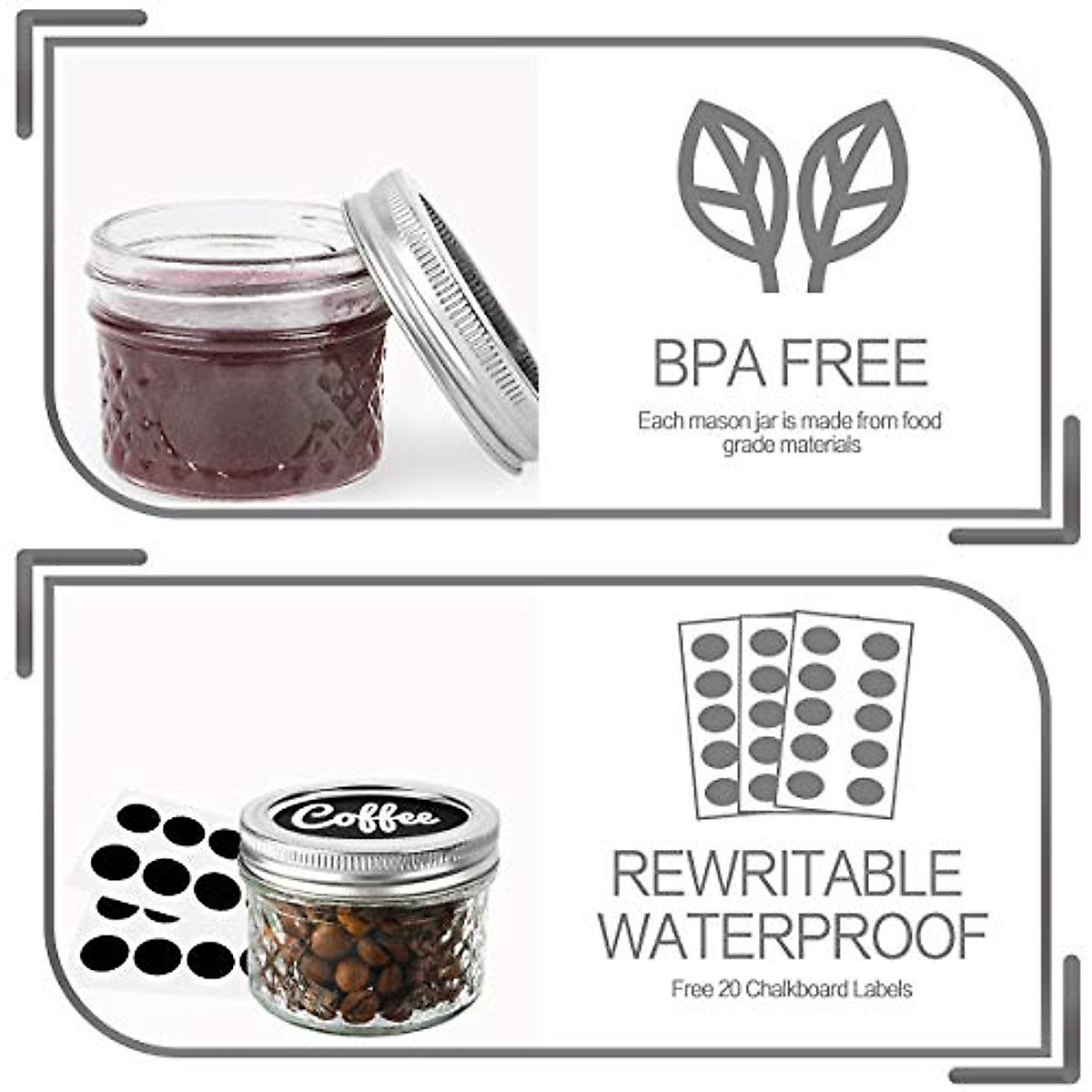 VERONES Mason/Canning Jars, 4 OZ Jelly Jars With Regular Lids and Bands, Ideal for Jam, Honey, Wedding/Shower Favors, DIY Spice Jars, 16 PACK, Extra 16 Lids