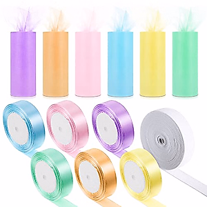 Juinte 13 Rolls 6 Inch Rainbow Ribbon Pastel Tulle Roll 1 Inch Ribbon for Crafts 150 Yards Fabric Spool Ribbon 144 Yards Satin White Rainbow
