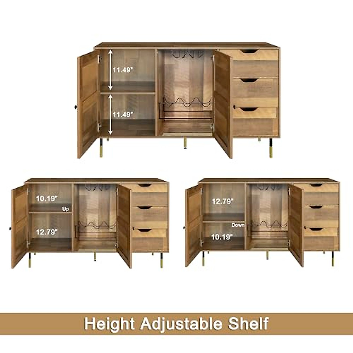 GIA Home Furniture Series Boho Rattan Sideboard with 2 Door &3 Drawers,Buffet Storage Cabinets with Adjustable Shelving and Wine Rack for Living & Dining Room,Black Metal Frame, Oak Finish