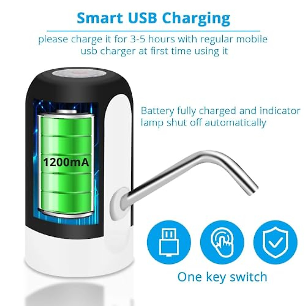 KUFUNG Water Dispenser for 5 Gallon Bottle - Rechargeable Water Pump for 5 Gal Jug, BPA-Free, Food Grade Silicone Hose, Stainless Steel Spout - 30-40 Days Battery Life, Easy One Switch Operation