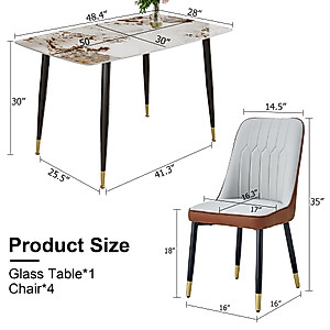 Ginxesh 5 Piece Dining Table Set,Faux Marble Dining Table Set for 4,Imitation Marble Pattern Dinner Table and Brown PU Leather Upholstered Kitchen Chairs for Living Room