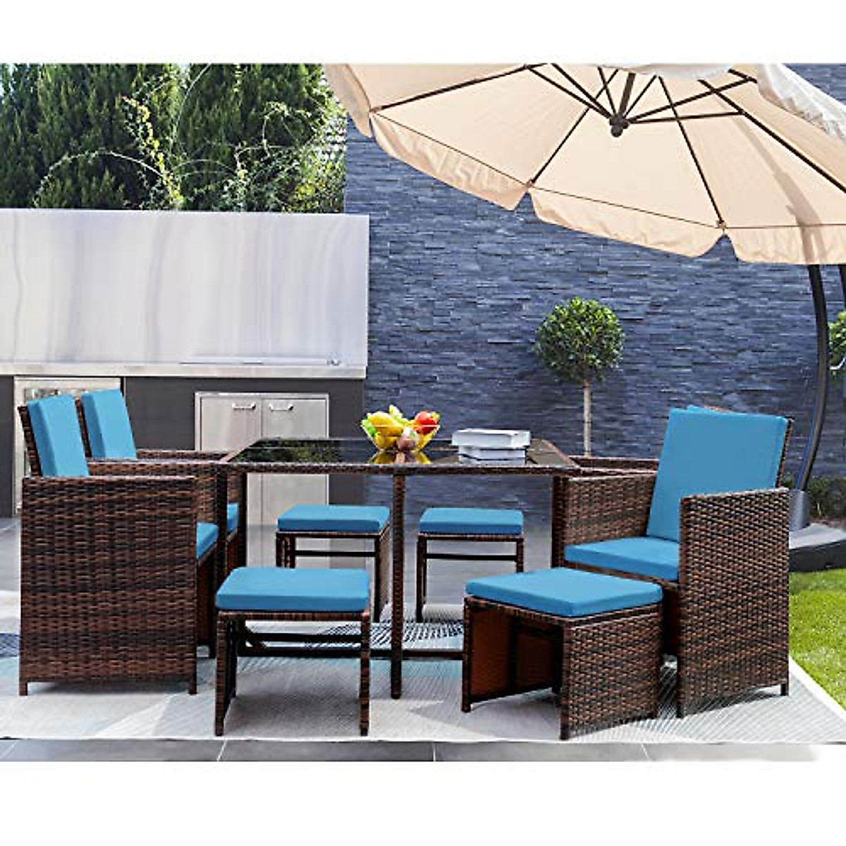 GUNJI 9 Pieces Patio Dining Outdoor Table and Chairs Table Set with Space Saving Rattan Chairs Patio Furniture Sets Cushioned Seating and Back (Blue)