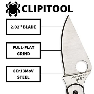 Spyderco ClipiTool Folding Utility Knife with Stainless Steel Handle Plain and Serrated Edge, Full-Flat, 8Cr13MoV Steel Blade and SlipJoint System - C176P&S