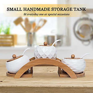 MIATTCLD Porcelain Condiment Jar Spice Container with Bamboo Lids & Tray, Ceramic Serving Spoon, Set of 3, White, 170ML(5.8 OZ), Perfect Spice Storage for Home, Kitchen