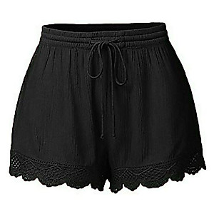 Womens Shorts for Summer Plus Size Casual Drawstring Soft Lace Crochet Elastic Waist Solid Color Bermuda Running Shorts Womens Shorts (Black,XXXXL)