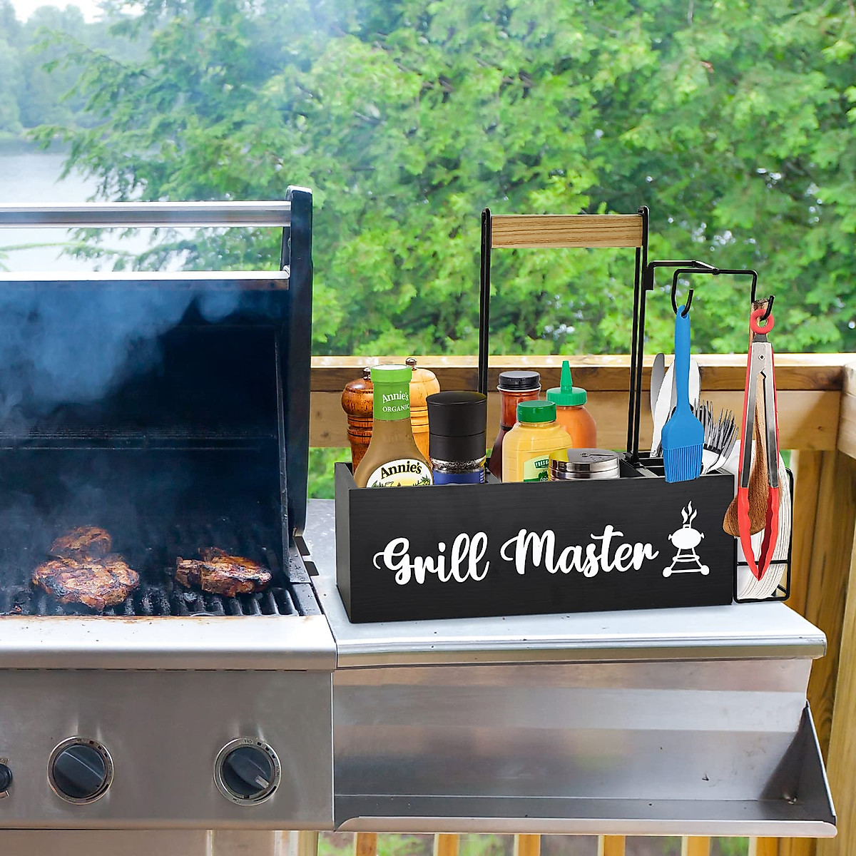 Grill Utensil Caddy, Picnic Condiment Caddy, BBQ and Grill Caddy with Paper Towel Holder & Paper Plate Holder. Grilling Caddy with Wood Handle & 2 Hooks, Multi-use Storage Organizer for Outdoor Grill