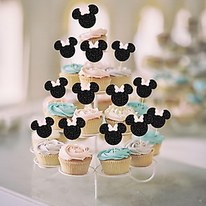 Gyufise Mouse Inspired Cupcake Toppers with Bow Black and Pink Glitter Mouse Cupcake Picks Baby Shower Wedding Kids Birthday Party Cake Decorations Supplies 36 Pack