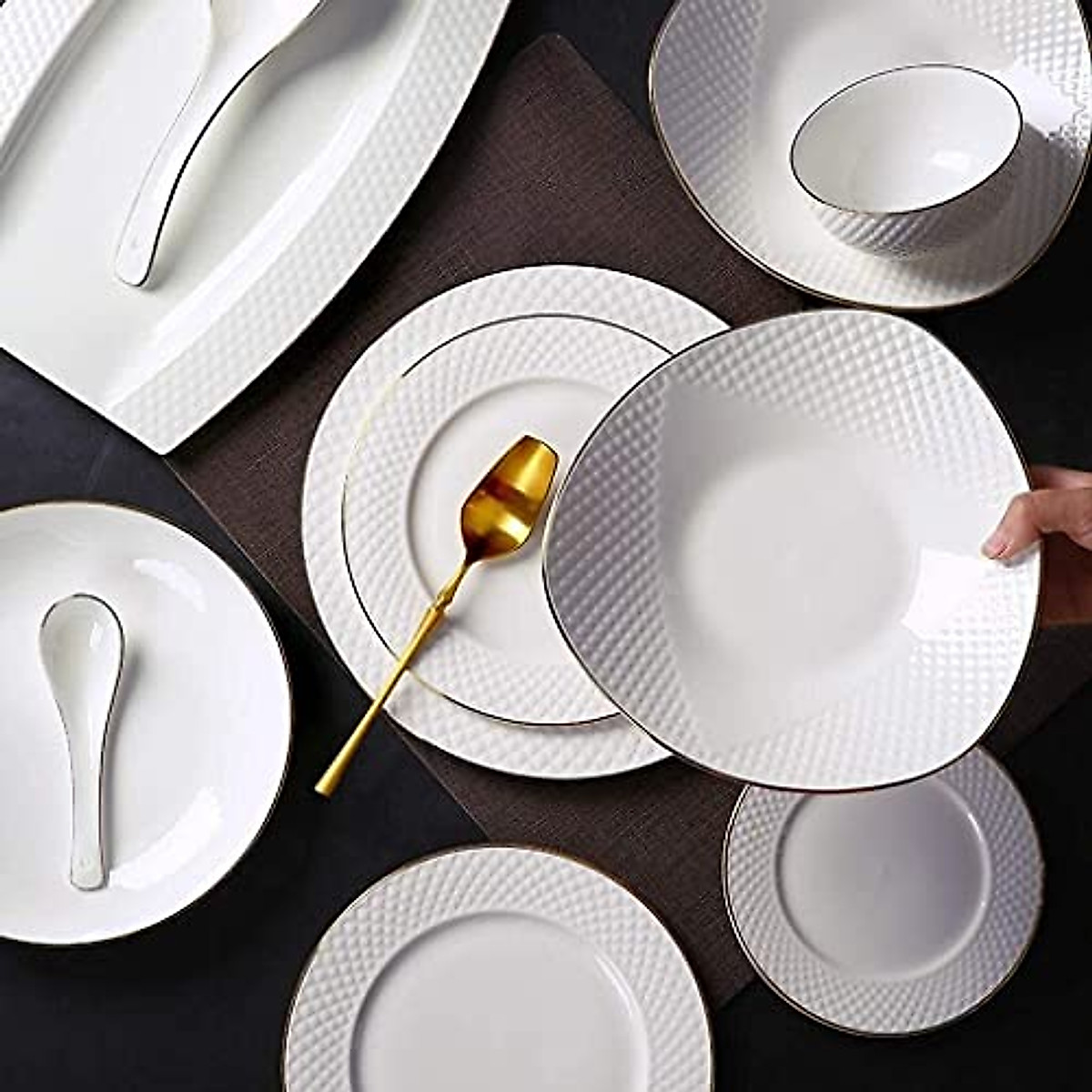 GagalU Plate Set –Ceramics Dinner Sets Ceramics Dinnerware Set,Bowl/Dish/Soup Pot/Spoon|Dinner Sets,White Embossed Gold Rim Pattern Porcelain Combination Set,49pieces