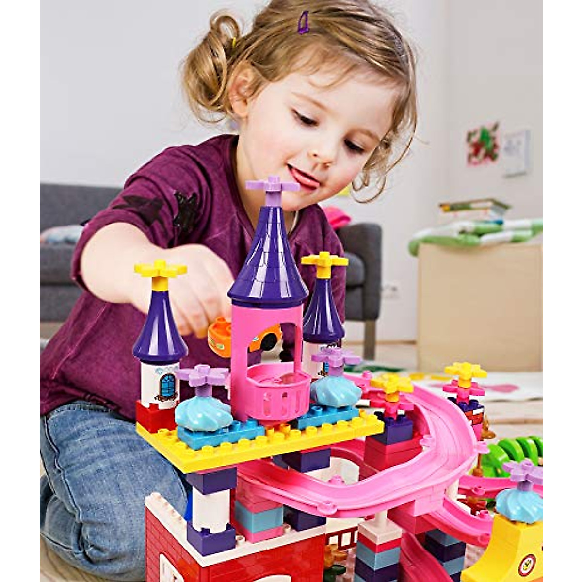 Castle Building Blocks Set Toys for Girls Princess Castle Large Building Blocks Bricks Race Track Kids STEM Educational Construction Roller Coaster Toys for Age 3+ Toddler Kid Boy Girl Gift Toy 161Pcs