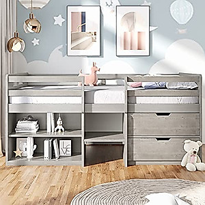 RORIGAT Twin Size Loft Bed with Two Shelves and Two Drawers, Wood Low Loft Bed Frame for Space Saving,Antique Gray