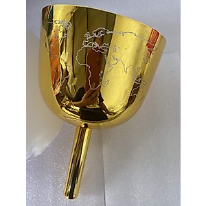 4th octave E note perfect pitch Solar plexus chakras golden color handle bowl 432Hz with engravings of map.