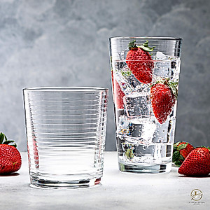 Drinking Glasses Set of 12, Durable Glassware Set Includes 6-17oz Highball Glasses 6-13oz DOF Glasses | Heavy Base Tall Glass Cups for Water, Juice, Beer, Wine, and Cocktails