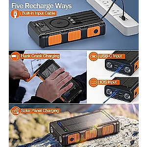 GOODaaa Power Bank Wireless Charger 45800mAh Built in Hand Crank and 4 Cables 15W Fast Charging Power Bank 7 Outputs & 4 Inputs Solar Portable Charger, SOS/Strobe/Strong Flashlights, Compass (Orange)