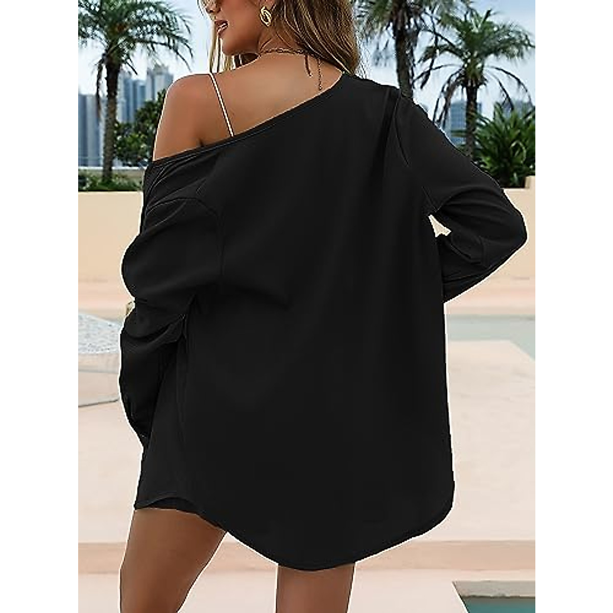 Namifin Women 2 Piece Shirt and Pants Set Oversized Button Down Shirt and High Waist Pants Outfits Summer Streetwear Black