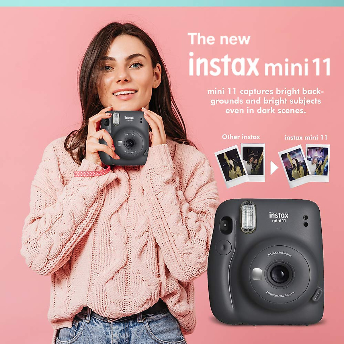 FUJIFILM INSTAX Mini 11 Instant Film Camera (Charcoal Grey) + ACCESSORY BUNDLE THAT INCLUDES 4X Fujifilm Instax Mini Twin Film (80 Exposures), Camera Carrying Case, Camera Strap & Funky Film Frames