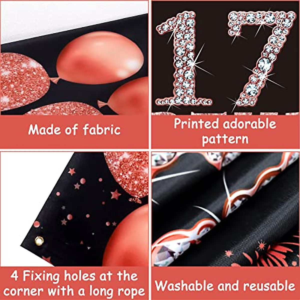 Trgowaul Happy 17th Birthday Decorations for Girls - Pink Rose Gold 17 Birthday Backdrop Banner，Seventeen Year Old Birthday Party Supply Photography Background Birthday Sign Poster Decor Gift Daughter