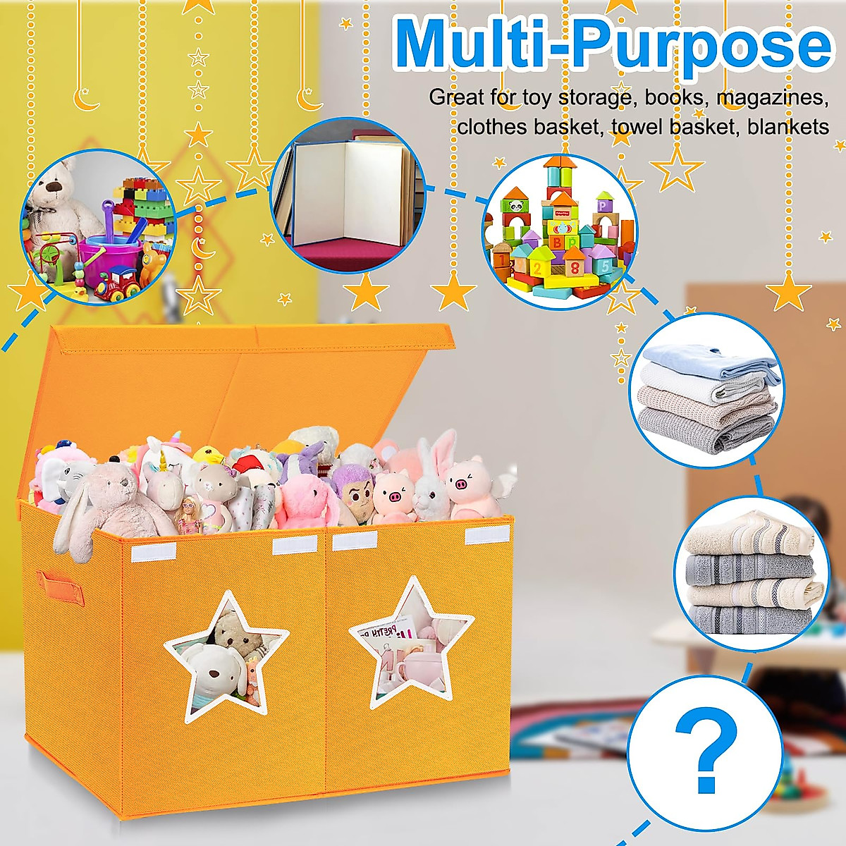 Large Toy Box Chest,Collapsible Sturdy Storage Bins with Lids,Large Kids Toy Storage Organizer Boxes Baskets for Kids,Boys,Girls,Toddler,Nursery Room,Playroom(Orange Star)