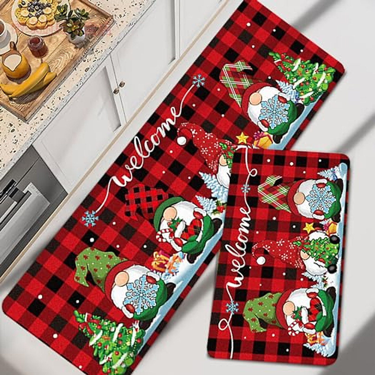 Valcatch Christmas Kitchen Rug, Non Slip Kitchen Mat 2 Pieces, Christmas Decor for Kitchen, Kitchen Rugs and Mats Washable, Comfort Standing Runner Mats for Laundry, Sink, Bathroom(Christmas 01)