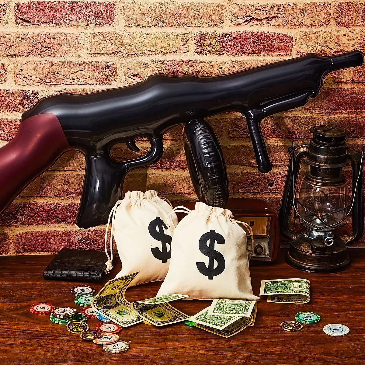 6 Pcs Inflatable Gun Props Canvas Money Bag Pouch Set 1920s Party Decorations Money Bag with Drawstring Closure Party Prop Guns, Gangster Party Favors 20s Cosplay Theme Party Birthday Decoration