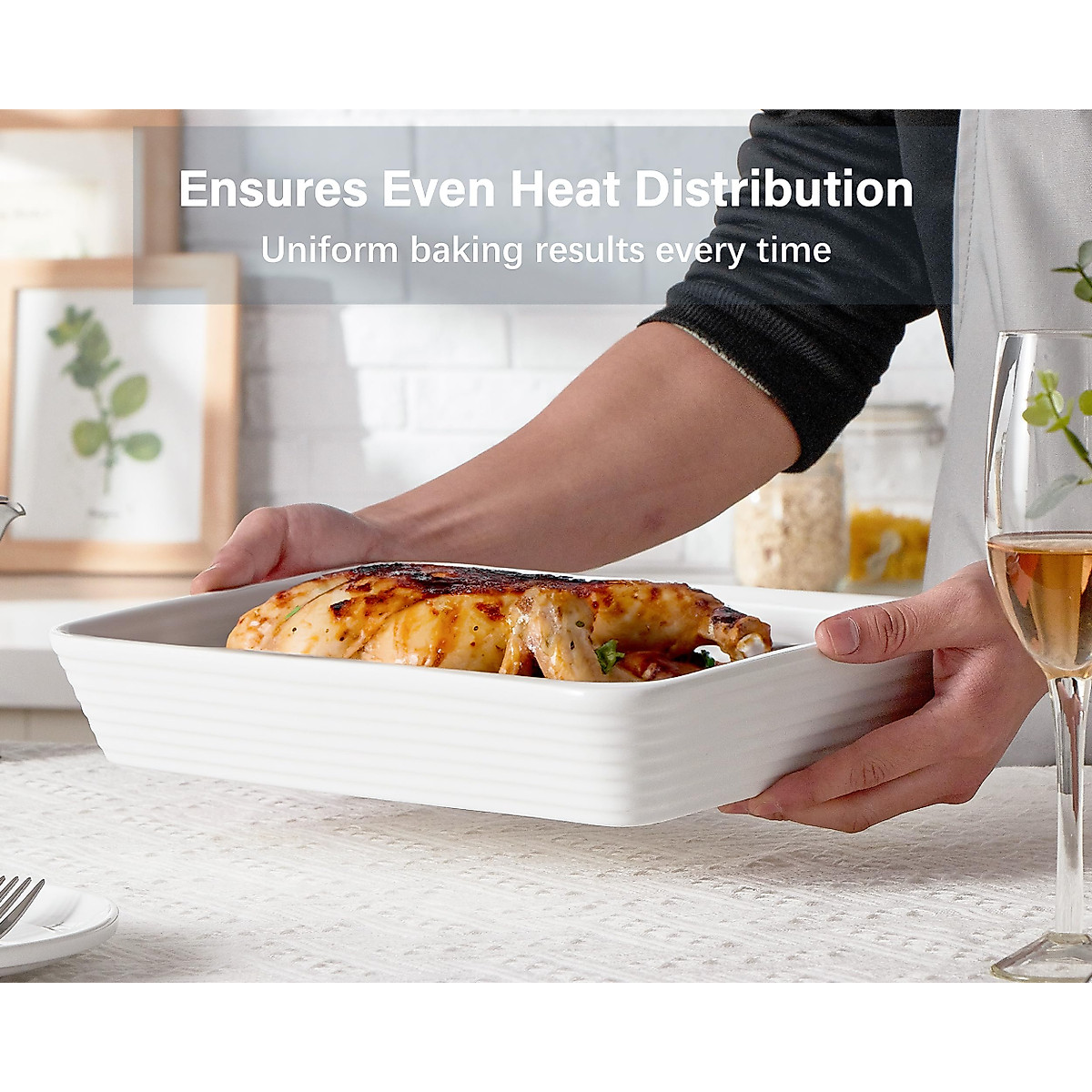 ONEMORE Ceramic Baking Dish, 9x13 Baking Pan Casserole Dish Large Rectangular Baking Dishes for Oven Deep Dish Lasagna Pan for Family Meals Ribbed White Bakeware for Roasting & Serving